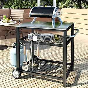 Movable Food Prep and Work Cart Table Stainless Steel Grill Cart Modular Table with Wheels and Handle Double-Shelf Commercial Kitchen Table Heavy Duty Grill Cart Outdoor Cart