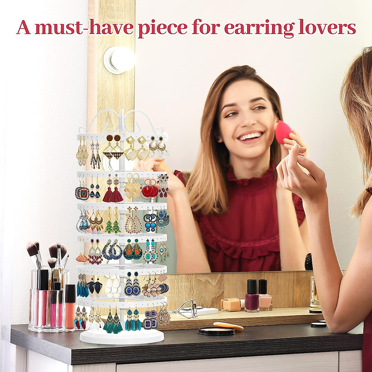 MODOWEY 6 Tier Rotating Metal Earring Holder Organizer Stand Adjustable Display Tree for Women, 264 Holes Large Storage Rack for Stud Post Dangling Hoop, Keep Earrings Neatly Arranged(White)