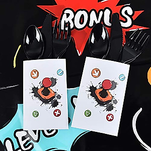 WERNNSAI Watercolor Video Game Party Tableware Set - Gaming Party Supplies for Boys Gamer Birthday Plates Cups Napkins Tablecloth Cutlery Bags Utensils Serves 16 Guests 130 PCS