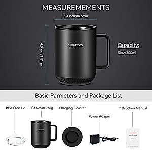 vsitoo S3 Temperature Control Smart Mug 2 with Lid, Self Heating Coffee Mug 10 oz, LED Display, 90 Min Battery Life - App&Manual Controlled Heated Coffee Mug - Improved Design, Coffee Gifts, Black