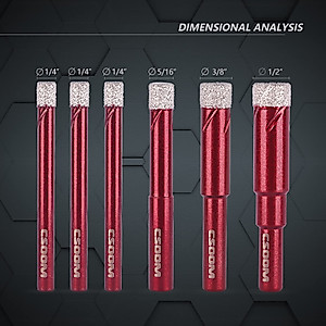 CSOOM Professional Grade Dry Diamond Drill Bit Set - 5 Pieces Shank Sizes of 1/4"*3, 5/16", 3/8", and 1/2" for Granite, Ceramic, Marble, Tile, Glass, and Hard Materials (Not for Wood)