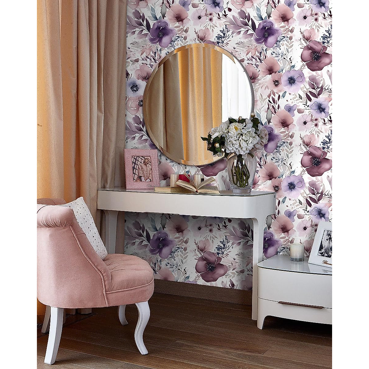 HAOKHOME 93349 Floral Peel and Stick Wallpaper Removable Wall Paper Mauve/Purple/White Vinyl Stick on Wall Contact Paper 17.7in x 9.8ft
