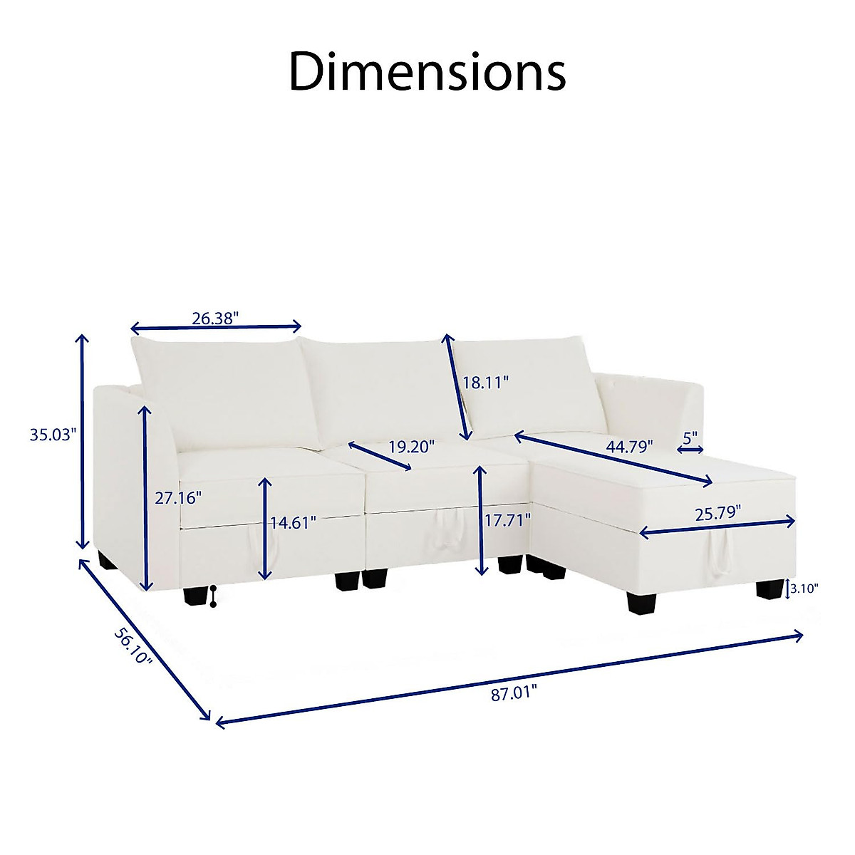 Naomi Home Elizabeth Modular Sectional Sofa with Storage L Shaped Modular Sofa 4-Seater Sectional Couch for Living Room, White Down, Linen