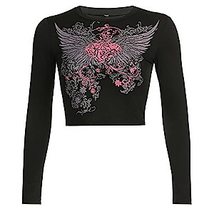 Women Y2K Long Sleeve Top Tee Sexy Graphic Print Shirt Rhinestone Slim Fit Blouse Tops Streewear (A-Balck,S)