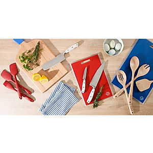 Sur La Table Kitchen Essentials 5 Piece German Steel Blade w/Triple Riveted Handle Set on Beechwood Magnetic Block - Linen White