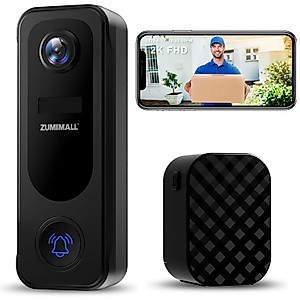 ZUMIMALL 2K FHD Doorbell Camera Wireless, WiFi Video Doorbell Camera with Chime, IP66 Waterproof, Motion Detection, Night Vision, 2-Way Audio, Local & Cloud Storage, 2.4G WiFi, 30s Voice Message