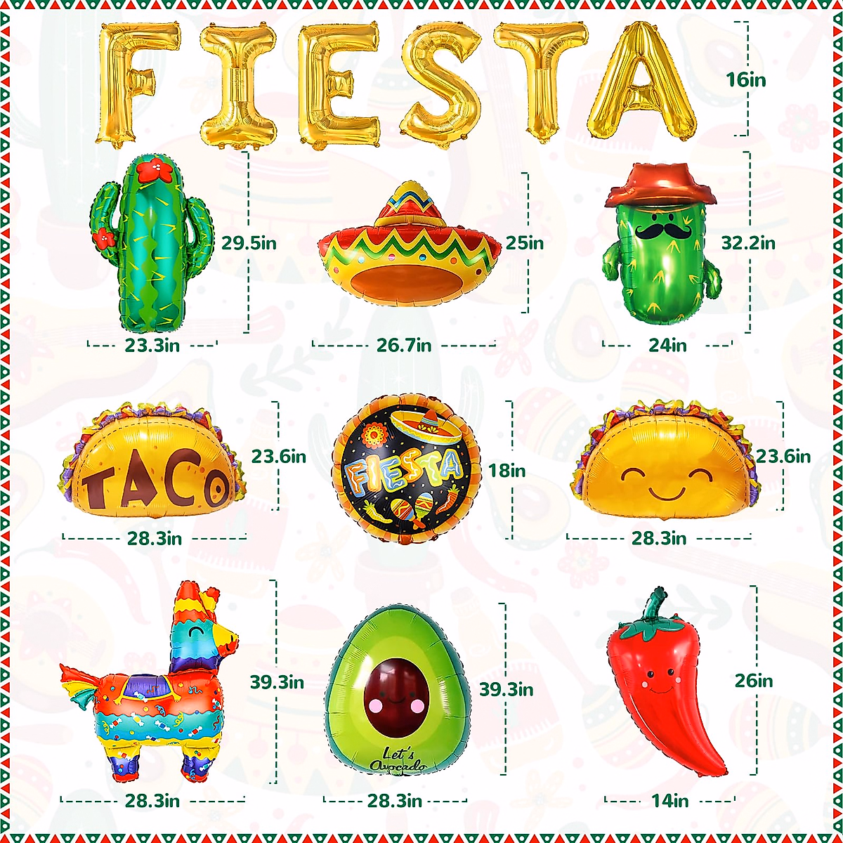 Fiesta Party Decorations Set, Big Taco Party Decorations Set - Pack of 15, Fiesta Taco Llama Cactus Avocado Chili Sombrero Balloons for Mexican Party Decorations, Mexican Theme Baby Shower Decorations