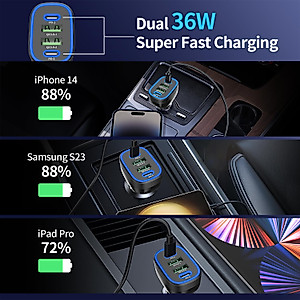 USB C Car Charger, Meagoes 72W 4 Ports Super Fast Automobile Charger Compatible for iPhone 15 Pro/Max/14/13/12/11/iPad Air, Samsung Galaxy S24/S23 Plus/Ultra/S22 Type C Cigarette Lighter USB Charger