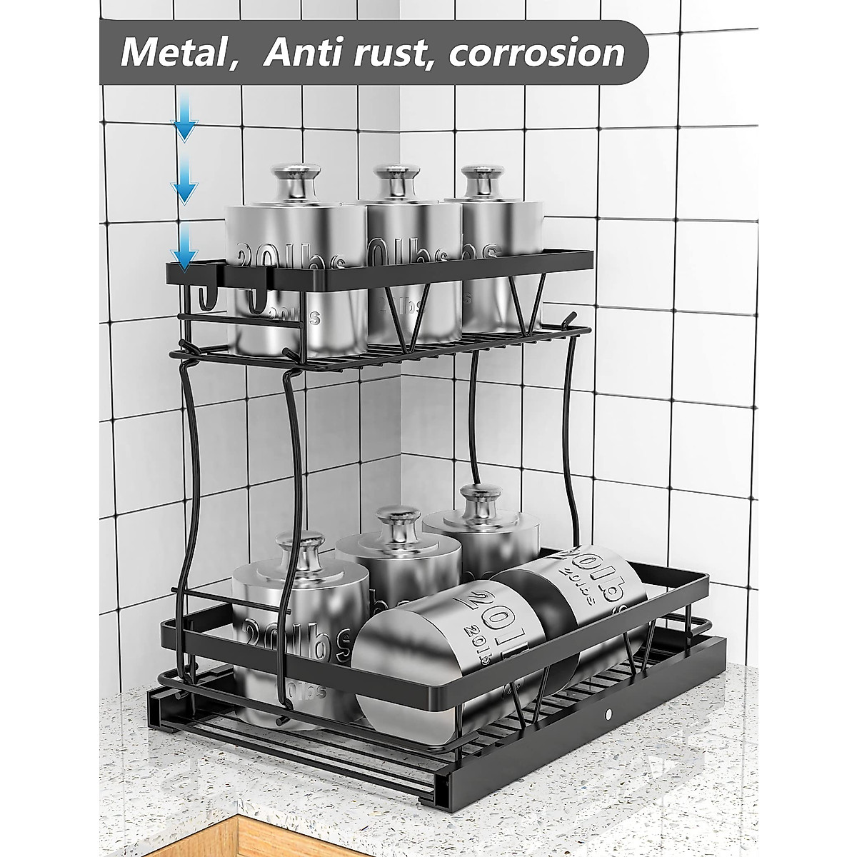 Iperlife 2 Tier Under Sink Organizers and Storage for Kitchen Pull Out Cabinet Basket Organizer with 4 Hooks, Multi-Purpose Metal Storage Shelf Rack for Bathroom Living Room Bedroom