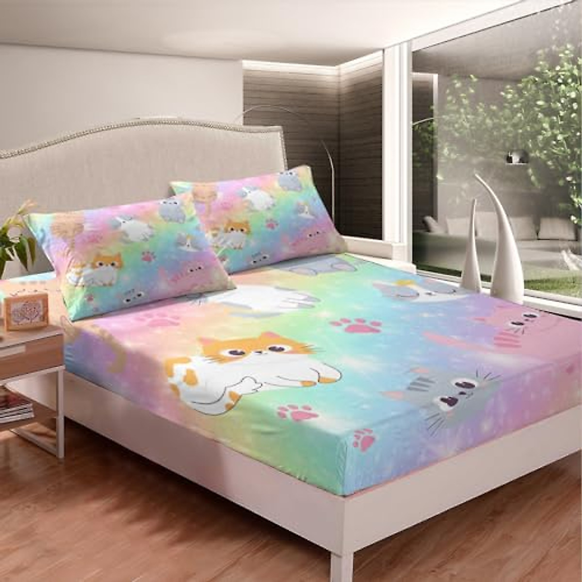 Erosebridal Rainbow Cat Full Sheets for Girls,Kids Cute Cats Fitted Sheets Teen Women Pastel Gradient Glitter Stars Cat Beding Sheets Cartoon Animal Kitten Paw Bed Cover 2 Pillow Cases Colorful