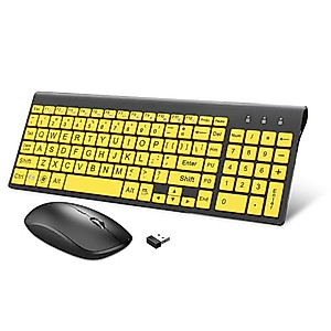HXMJ-Wireless Large Print Keyboard and Mouse Combo with USB Receiver for Seniors and Visually Impaired Low Vision Individuals-Yellow