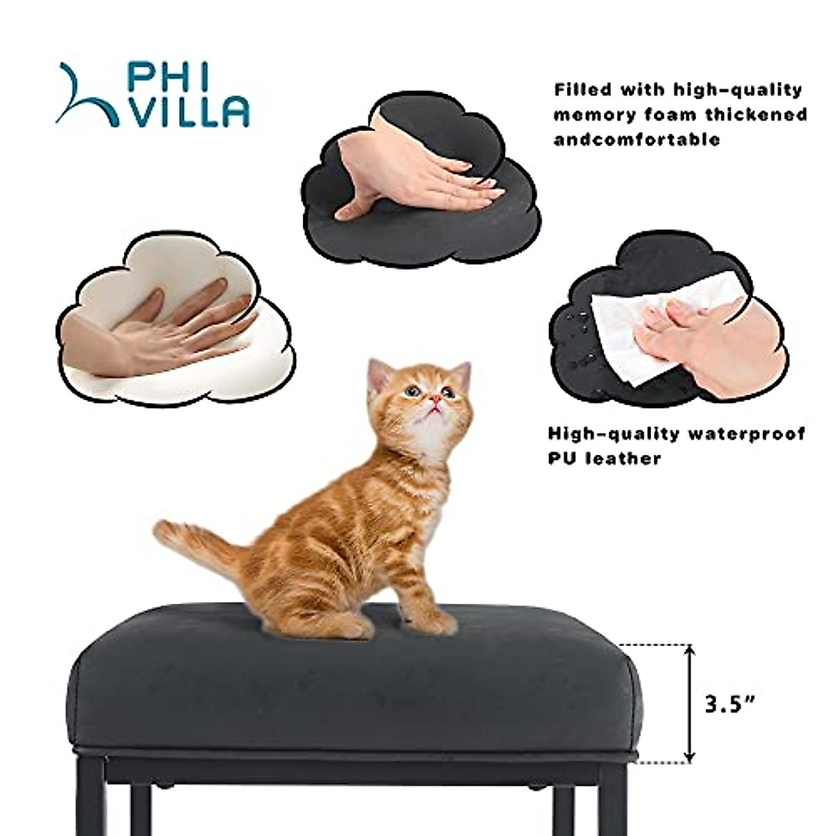 PHI VILLA Bar Stools Counter Heighr Set of 4, Backless, 24 inches, Square, Black, 4 Packs