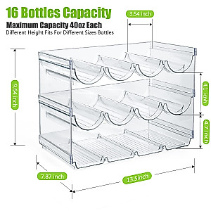 Water Bottle Organizer for Cabinet, 3 Packs Stackable Plastic Water Bottle Storage Holder, Wine Drink Racks for Kitchen Fridge Pantry Refrigerator,Cup Tumbler Organization Shelf- Clear