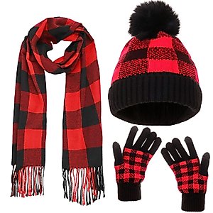 CRUOXIBB Winter Soft Stretch Buffalo Plaid Cuff Beanie Hat Thick Chunky Warm Knit Skull Ski Cap (Black/red+Glove+Scarf)