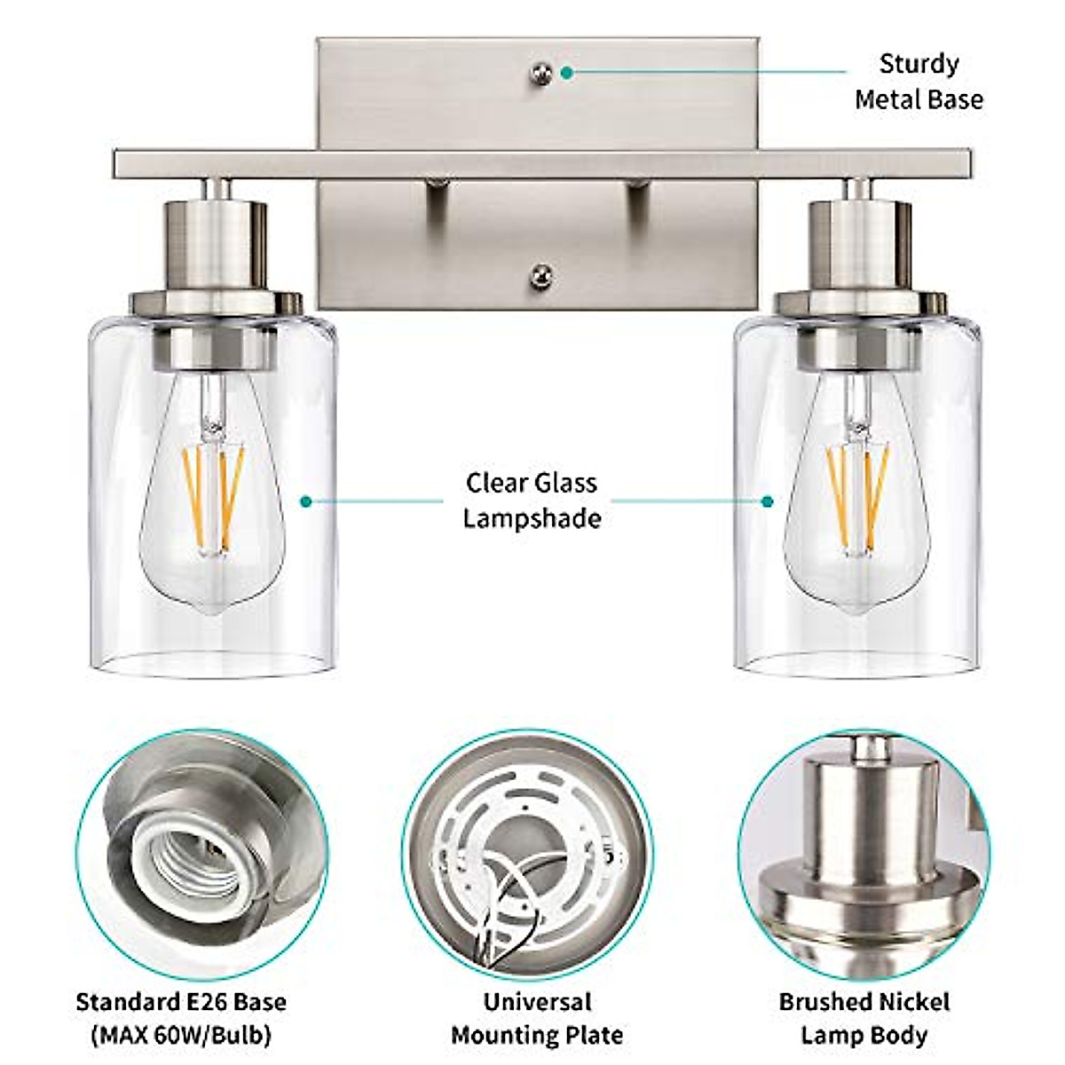 ShineTech 2-Light Bathroom Vanity Light Fixtures, Modern Vanity Lights with Clear Glass Shade, Brushed Nickel Bathroom Wall Light, Wall Sconce Wall Lamp for Mirror Kitchen Living Room Bedroom Hallway