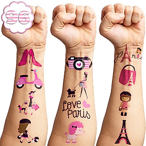 Paris Temporary Tattoos for Kids - Themed Eiffel Tower, Girl Birthday Party Decorations Supplies 96PCS Tattoos Stickers Cute Party Favors Girls Boys Gifts Classroom School Prizes Themed Christmas Pink