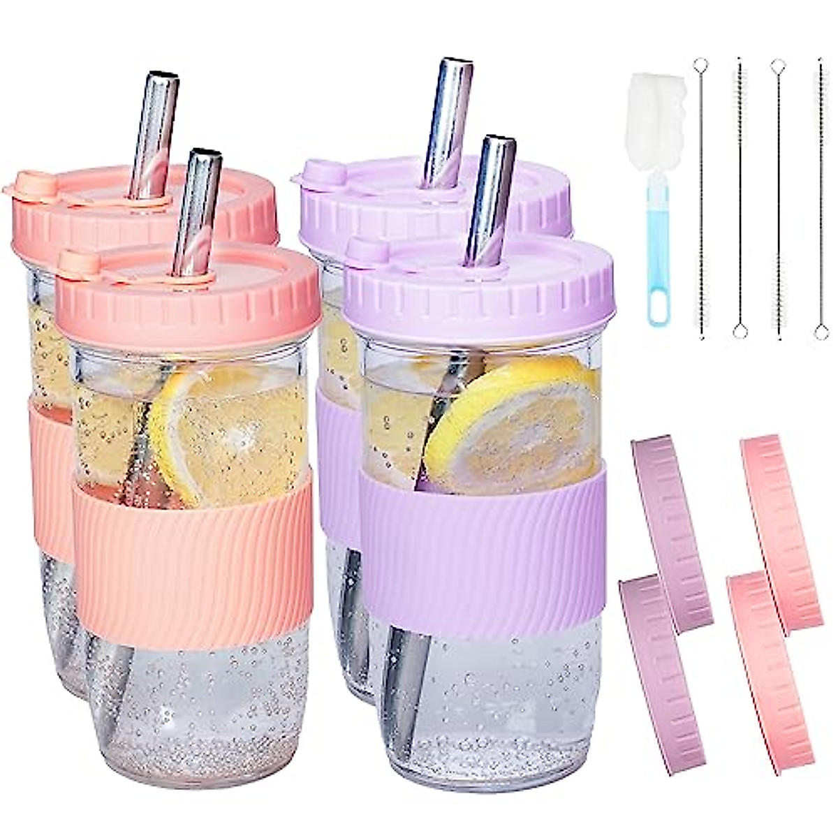Zrlljp Reusable Boba Cup Bubble Tea Cup 4 Pack, 24Oz Wide Mouth Smoothie Cups with Lid,Silicone Sleeve & Angled Wide Straws, Leakproof Glass Mason Jars Drinking Boba Cup Travel Tumbler for Large Pearl