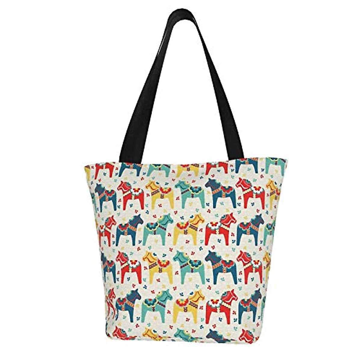 antcreptson Swedish Dala Horses Extra Large Canvas Shoulder Tote Top Storage Handle Bag for Gym Beach Weekender Travel Reusable Grocery Shopping,Black White