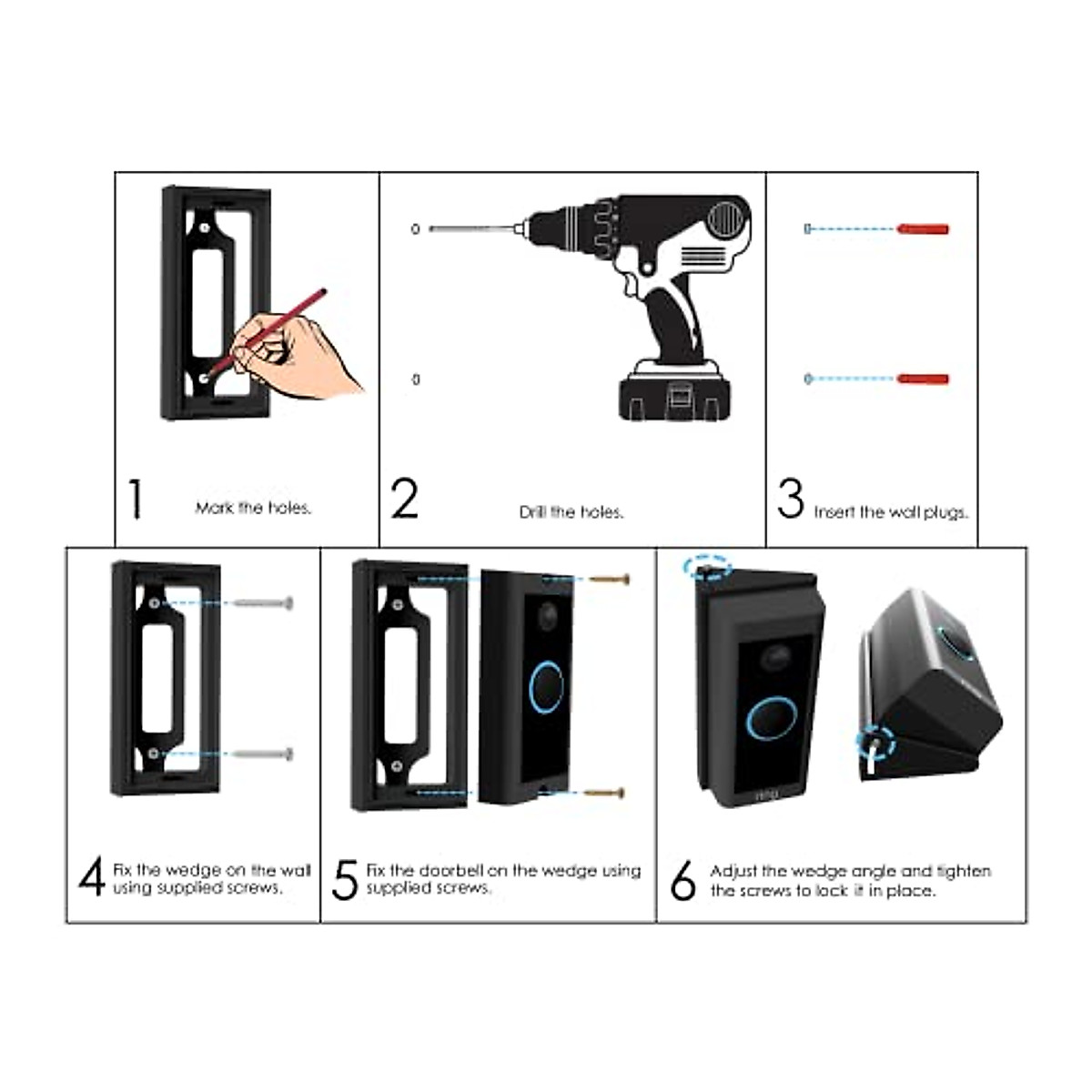 Mars Outpost Adjustable Mount for RingWired Corner Adjustable Mounting Bracket Wedge 20-45 Degree 20/25/30/35/40/45 Degree Slim & Strong, Black