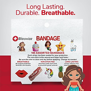 BioSwiss Bandages, Assorted Animal, Fun, and Food Shaped Self Adhesive Bandage, Latex Free Sterile Wound Care, 100 Count