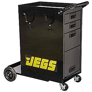 JEGS Welding Cart with Drawers and Welding Tank Platform - Fits Most MIG, TIG, ARC Welding Machines, Plasma Cutter - Steel Constructed and Black Powder Coat Finished Welding Table with Locking Wheels