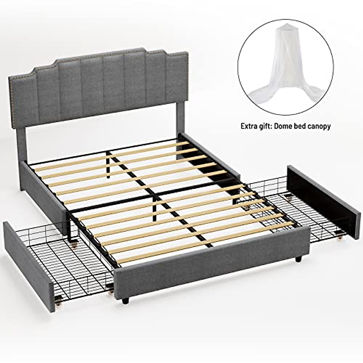 Origeture Queen Bed Frame with 2 Storage Drawers and Adjustable Headboard, Upholstered Linen Padded Platform Bed, Strong Wooden Slats Support, No Box Spring Needed, Easy Assembly, Noise-Free (Grey)