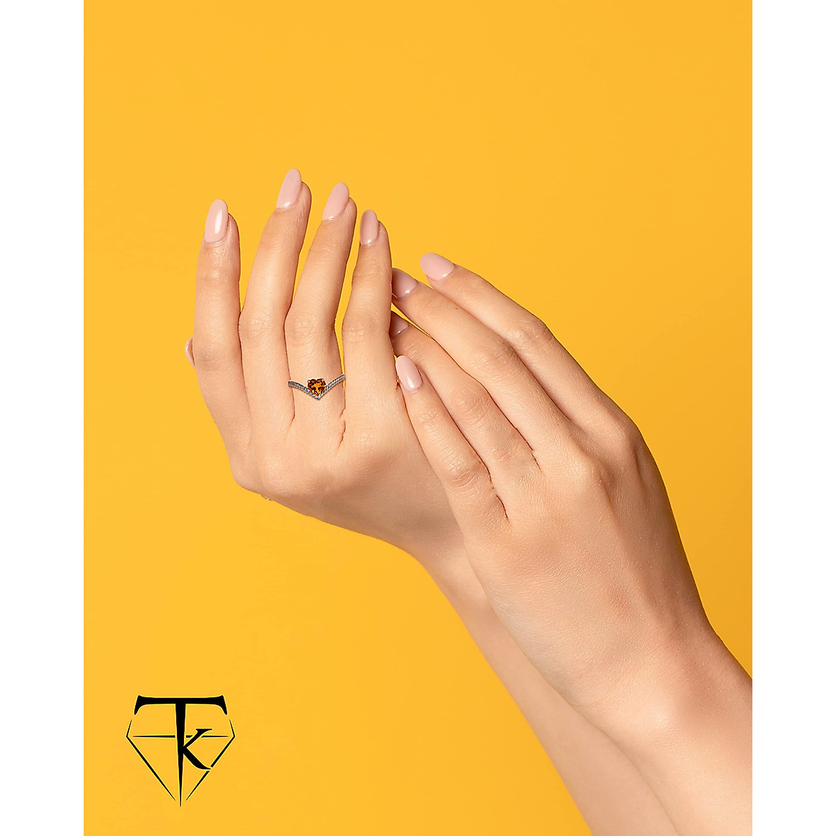 Takar Dainty 10k White, Yellow and Rose Gold Solitaire Heart-Shaped Genuine Citrine Rope Ring, Heart Shaped Promise Ring, Good luck Gift for her, Made in USA (White Gold, 8.5)