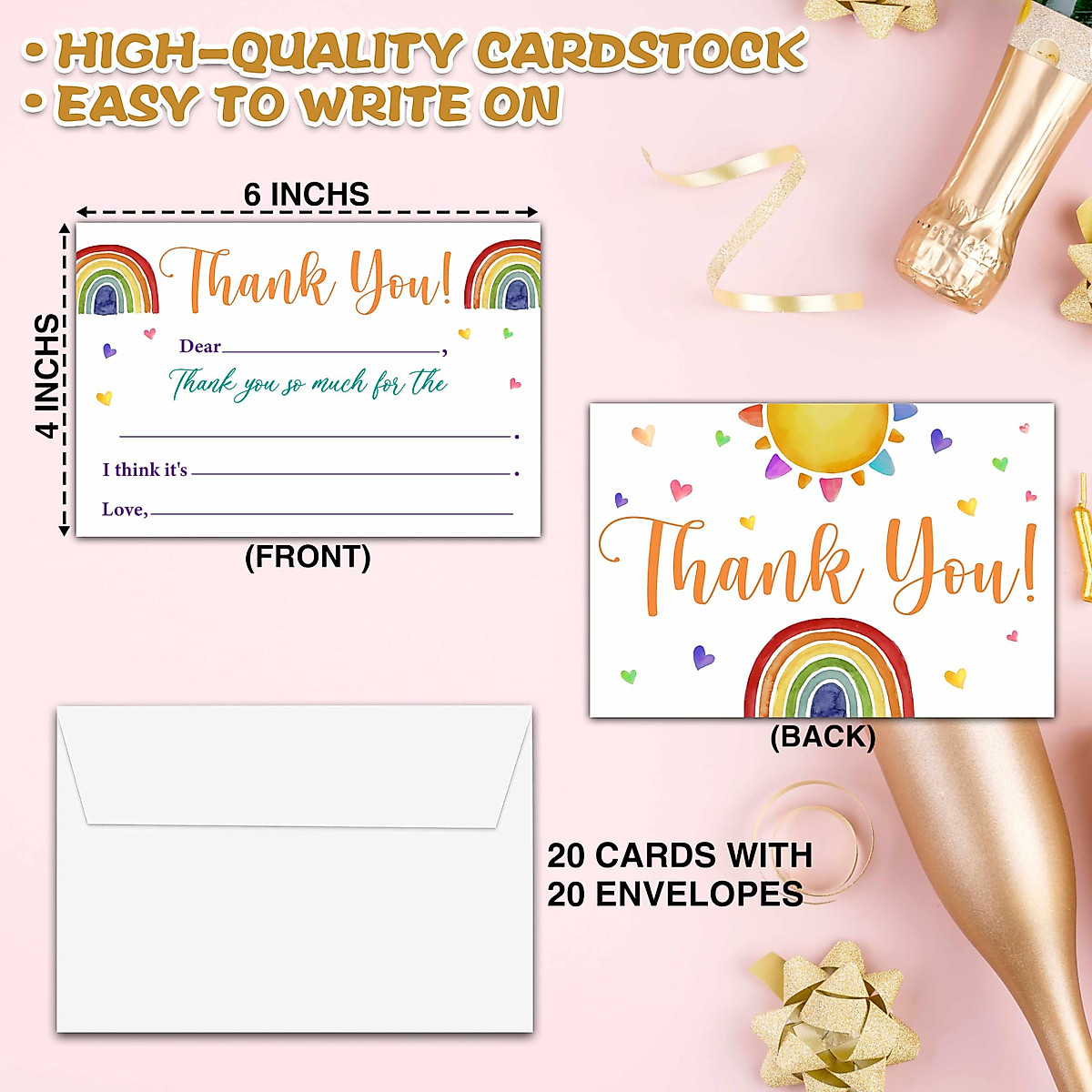 Kids Thank You Cards Fill in the Blank, Boho Rainbow Thank You Cards, Rainbow Greeting Cards, Thank You Notes For Boys Girls, Birthday Party Decorations Favors (20 Cards With 20 Envelopes) -11