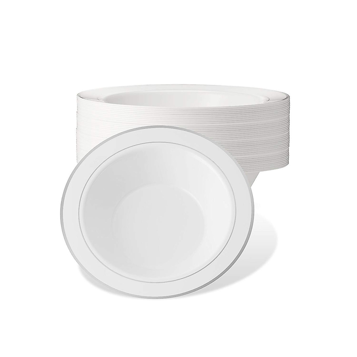 BloominGoods 50 Disposable White Silver Trim Plastic Dessert Bowls | SMALL 6 oz. Premium Heavy Duty Disposable Dinnerware with Real China Design | Safe & Reusable and Great for Parties (50-Pack)