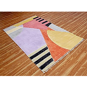 Casavani Hand Made Cotton Dhurrie Geometric Yellow & Pink Tassel Rug Easy Care Washable Rugs for Doormat Entryway Living Room Bedroom Hallway Balcony 4x12 Feet Runner