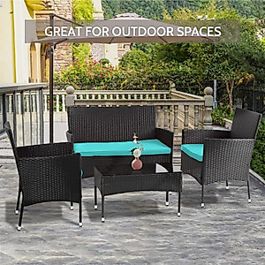 FDW Rattan Furniture Wicker Chair Patio Conversation Set for Outdoor Indoor Use with Loveseats Coffee Table,Blue Cushion, 4-Piece