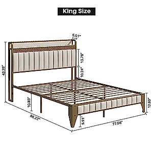 Saudism LED Bed Frame with Charging Station, King Size Bed Frame with Headboard Storage, Sturdy and Durable, No Box Spring Needed, Gold+Beige