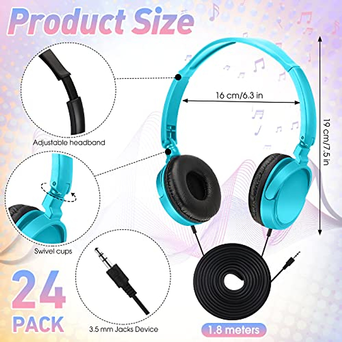 Kids Headphones Bulk 24 Pack Multi-Colors Student Headphones Wired Class Headphones Set for School Classroom Students Children Toddler Boys Girls Teen and Adult