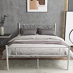 Weehom Full Size Bed Frame with Headboard Under Storage Metal Platform Bed Steel Slat Support, White
