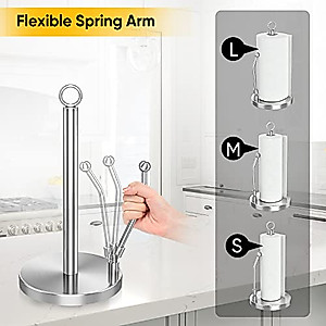 Paper Towel Holder Stainless Steel - One Hand Tear Paper Towel Dispenser Standing Weighted Base Non Slip, Spring Arm, Stainless Steel Paper Towel fits in Kitchen Bathroom Countertop Silver
