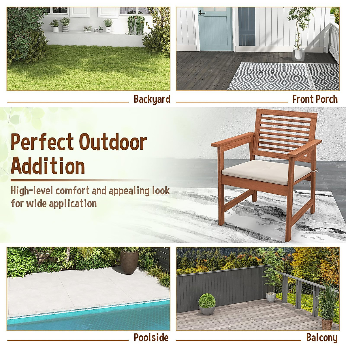 HAPPYGRILL Outdoor Dining Chair Set of 2, Patio Solid Wood Chairs with Comfortable Cushions, Breathable Slatted Seat, Outside Wood Armchairs for Balcony Porch Poolside