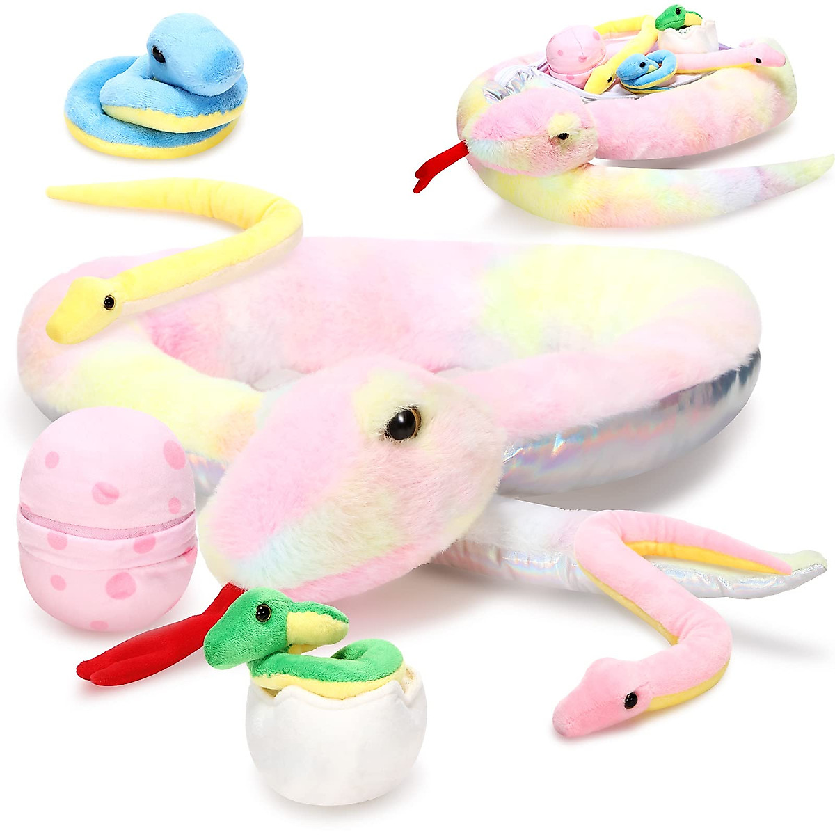 Leitee 7 Pcs Snake Plush Toy Set 63 Inch Large Snake Stuffed Animal Zipper Snake Toys with Cute Baby Snakes and Eggs in Mommy Snake's Belly for Valentine's Day Birthday(Cute Style)