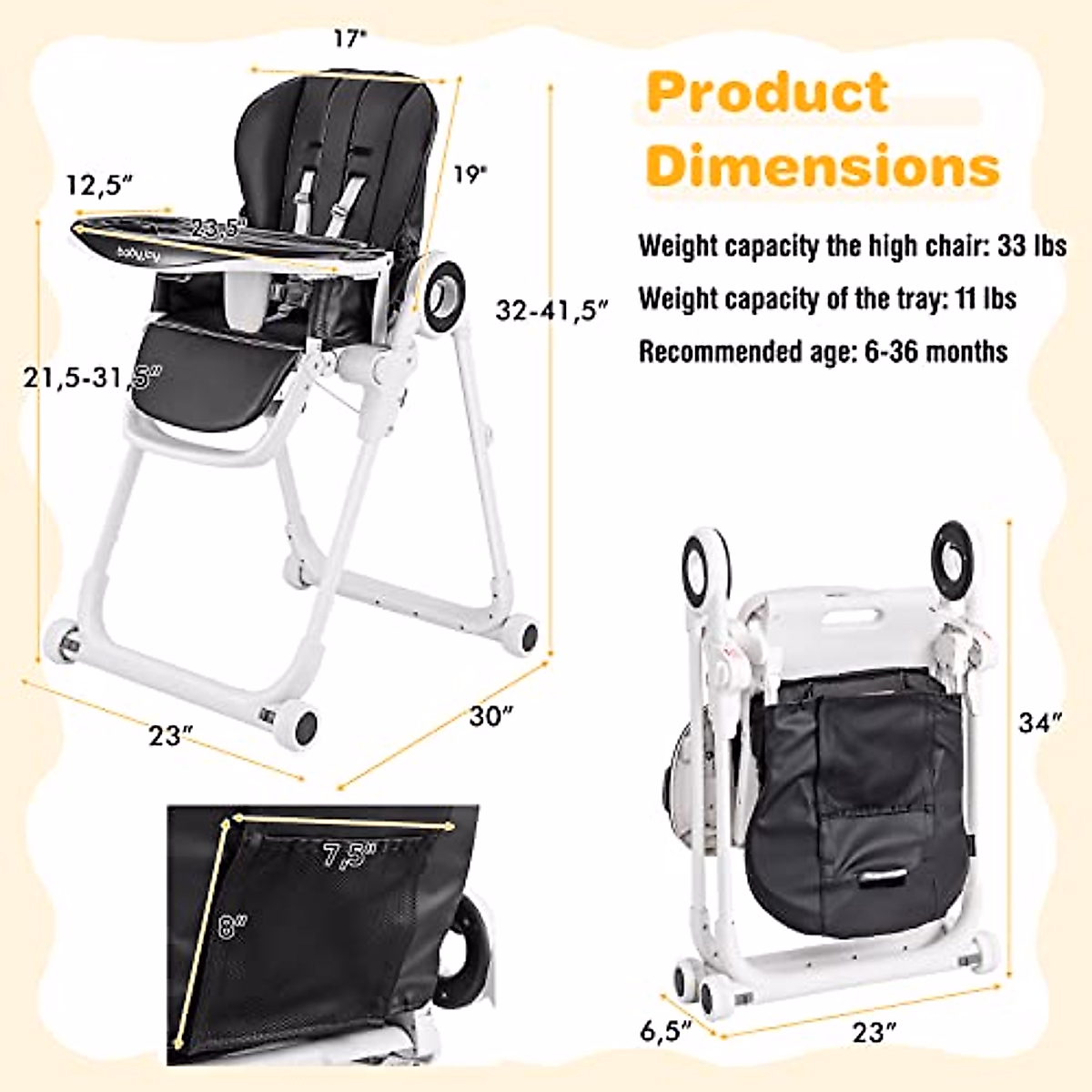 BABY JOY High Chair for Babies & Toddlers, Foldable Highchair with Adjustable Backrest/Footrest/Seat Height, Double Removable Trays, Detachable Seat Cushion, 4 Lockable Wheels (Black)