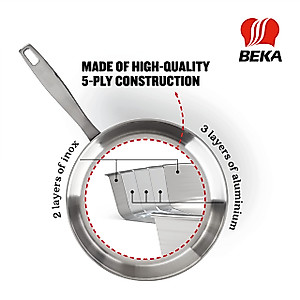 Beka Maestro Frying Pan 9.5" Skillet, Stainless Steel Pan with 5-Ply Construction, Oven Safe Skillet, Induction Compatible Cookware Fry Pan, Dishwasher Safe Omelette Pan, Electric Frying Pan