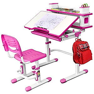 BABY JOY Kids Desk and Chair Set, Height Adjustable, Student Study Table with Storage Drawer, Bookshelf and Tilted Desktop, Children Writing Table for Studying, Reading and Drawing (Pink)