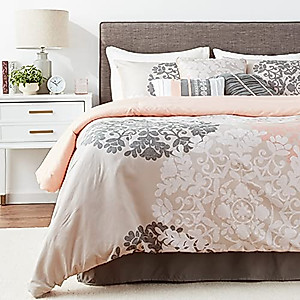 Home Essence Springfield Cozy Pink and Grey Comforter Set Floral Medallion Print - All Season Down Alternative Bedding Layer with Matching Bedskirt, Shams, Decorative Pillow, Queen, Coral 7 Piece