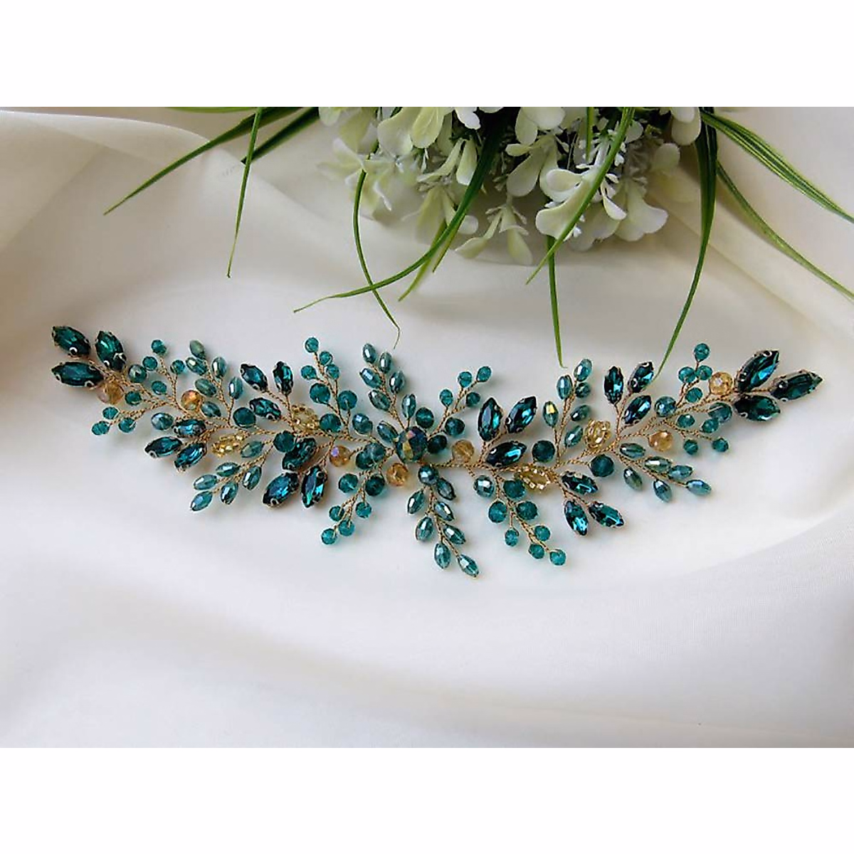 Denifery Emerald Wedding Hair Piece Green Hair Vine Bridal Gold Jewelry Headpiece Wedding Hair Accessories