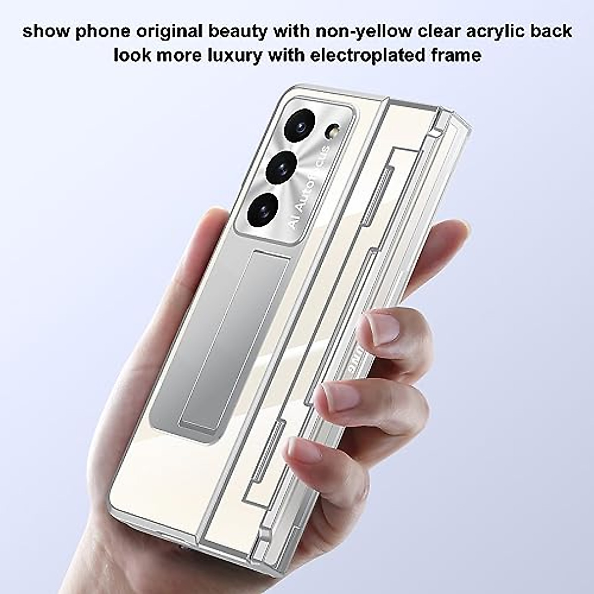 Libeagle Compatible with Samsung Galaxy Z Fold 5 Case with Innovative Hinge Protection, Detachable S Pen Holder & Capacitance Pen, Non-Yellow Clear Back, Screen Protector, Stand Cover 5G 2023, Silver