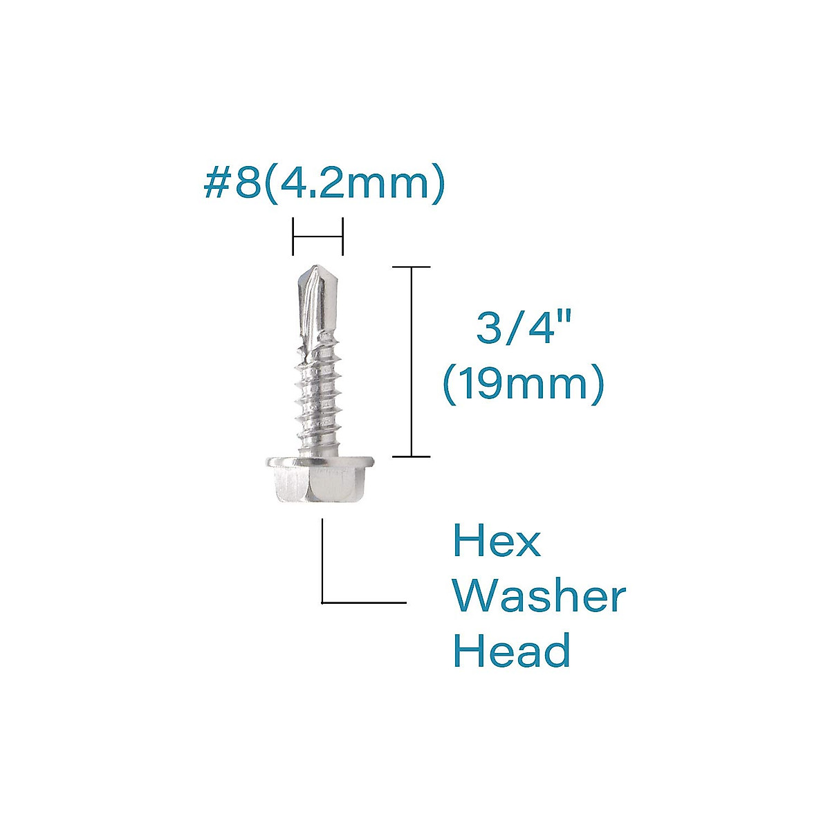 #8 x 3/4" Stainless Hex Washer Head Self Drilling Screws (50pcs), Stainless Steel 410 Fully Threaded Sheet Metal Flanged Hex Screw | by IMSCREWS