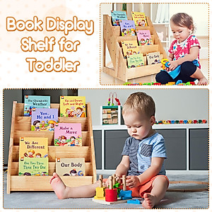 Barydat Toddlers Bookshelf Front Facing Kid Book Display Stand Anti Tilting Device Natural Rubber Wood Baby Bookshelf Child Bookcase for Nursery Classroom Back to School Gift 18" H x 18.5" L x 12" W