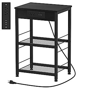 Black Nightstand with Charging Station Industrial End Side Table with USB Ports and Power Outlets 3-Tier Sofa Bedside Table with Storage Shelves and Wood Tabletop for Bedroom Living Room Modern
