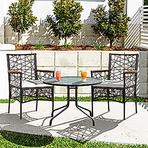 Tangkula Set of 2 Outdoor Dining Chairs, Patiojoy All-Weather PE Wicker Patio Bistro Chairs with Acacia Wood Armrests and Soft Cushions, Outdoor Armchairs for Porch, Garden, Poolside and Backyard