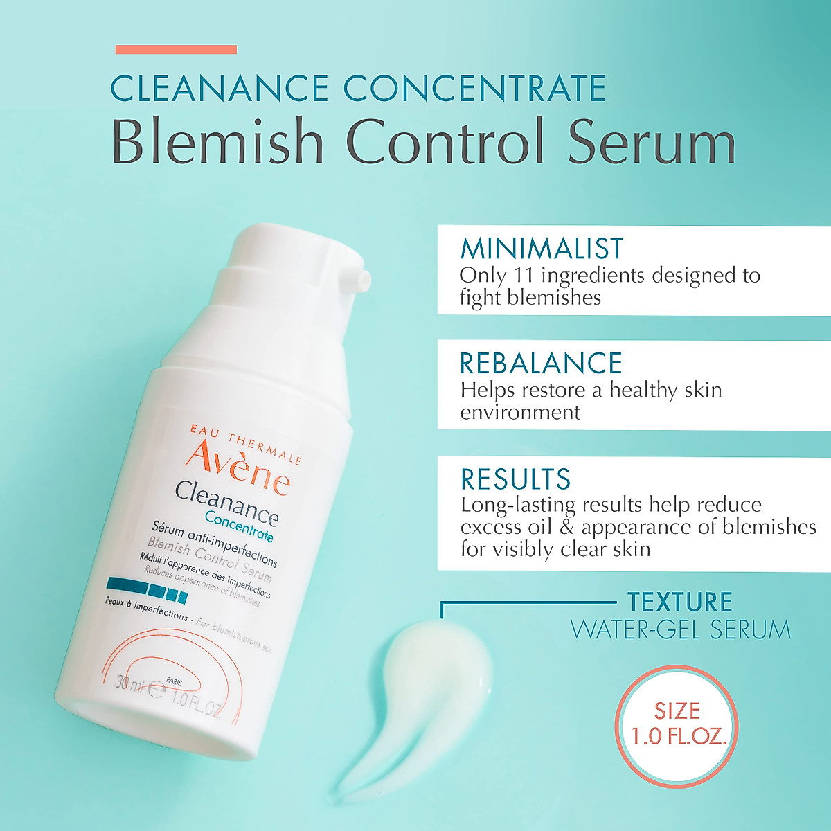 Avene Cleanance Concentrate Blemish Control Serum, clarifying water-gel, fragrance and silicone free, For acne-prone skin, airless pump, 1 Fl Oz