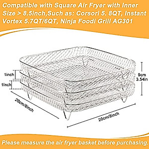 BYKITCHEN 8 inch Square Air Fryer Rack, Set of 3, Stackable Multi-Layer Stainless Steel Dehydrator Rack, Square Air Fryer Accessories for Cosori, Instant Vortex, Nuwave Air Fryer, Ninja Foodi Grill