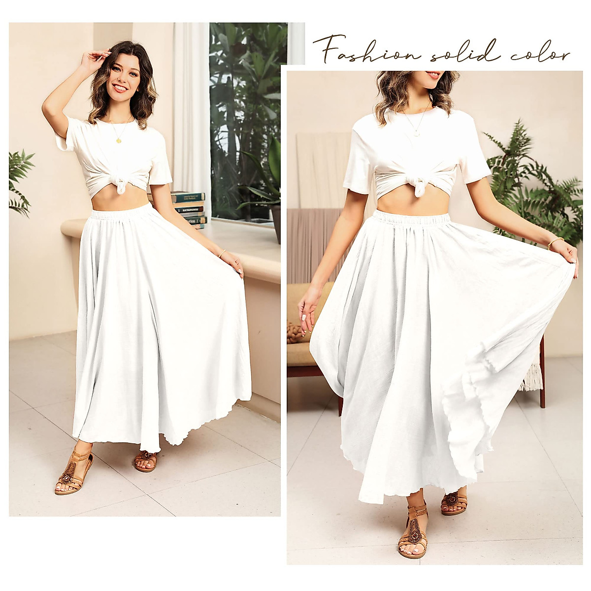 Ezcosplay Women Bohemian Beach A-Line Dress Double Layer Elastic Waist Long Maxi Skirt